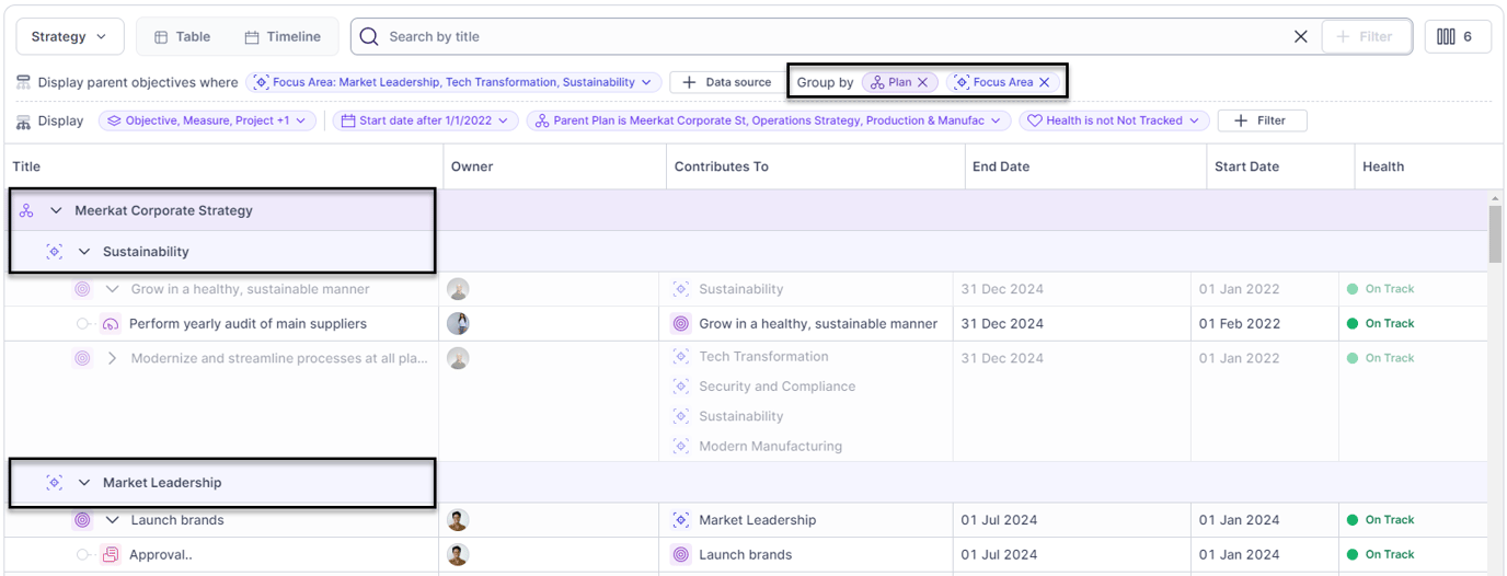 Report table for strategy governance