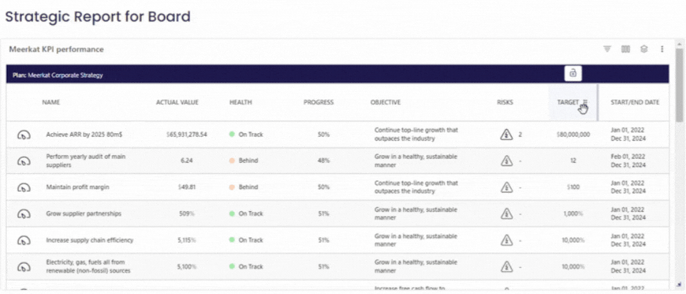 "Measures table" for reporting on Measures